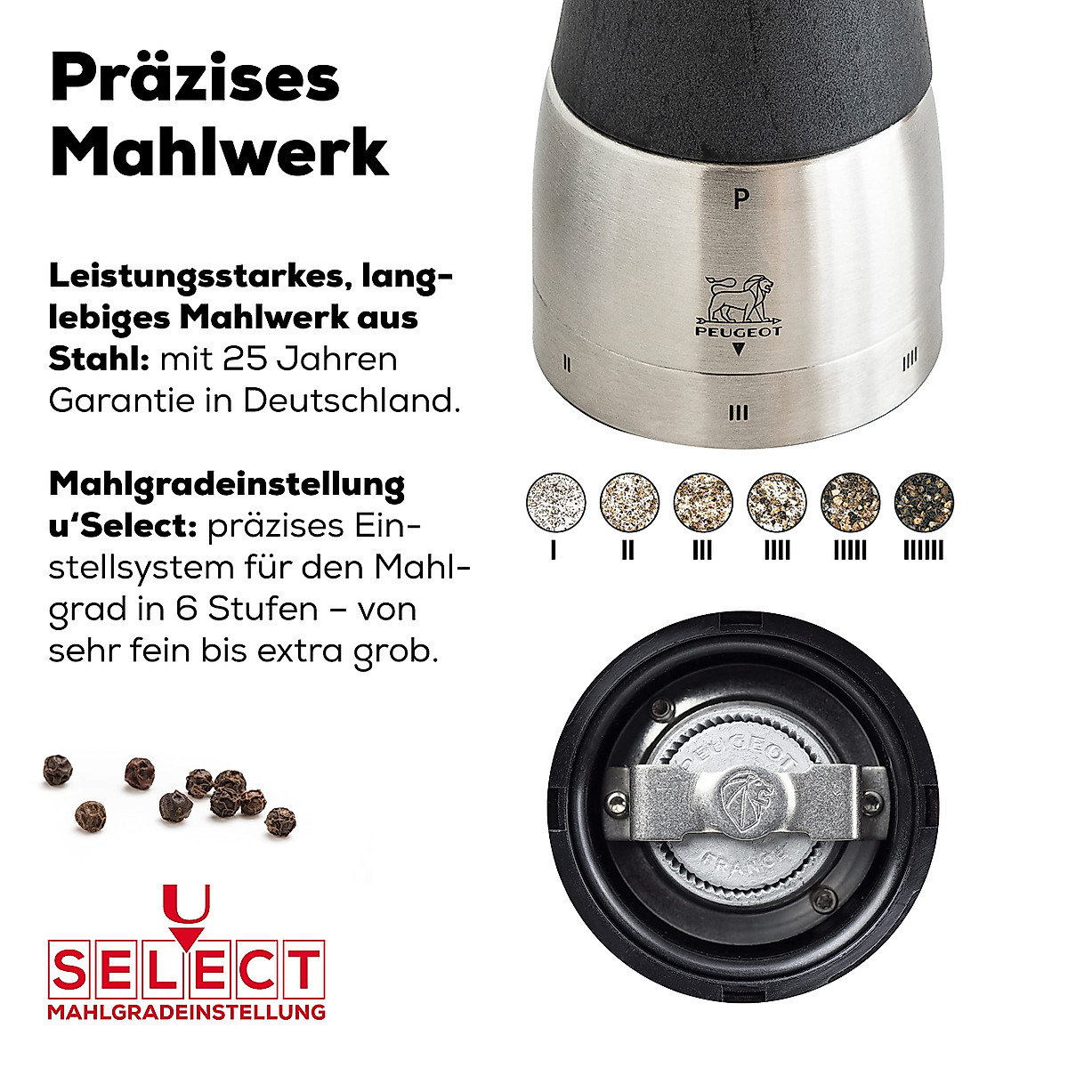 Peugeot - Madras u'Select Manual Pepper Mill - Adjustable Grinder - Stainless Steel & Beechwood, Graphite