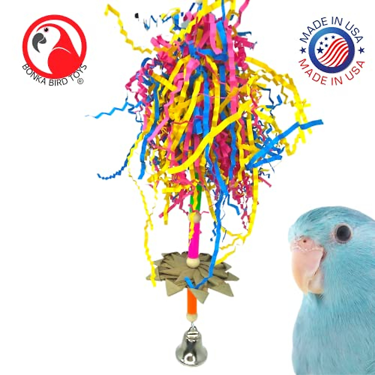 Bonka Bird Toys 1370 Foraging Stand Small Bird Toy Crinkly Chew Shred Paper Natural Woven Palm Leaf Flower Wood Bead Plastic Cockatiel Parakeet Conures