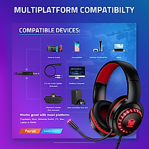 Pacrate Gaming Headset for PS4/PS5/Xbox One/Nintendo Switch/PC, PS4 Headset with Microphone Xbox Headset with LED Lights, Noise Cancelling PS5 Headset for Kids Adults - Red