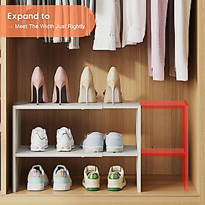 2-Tier Small Shoe Rack Organizer for Closet, Expandable and Adjustable White Shoe Rack, Stackable Iron Wood Combination Shoe Shelves for Closets, Entryway, Small Space, Hallway, Garage