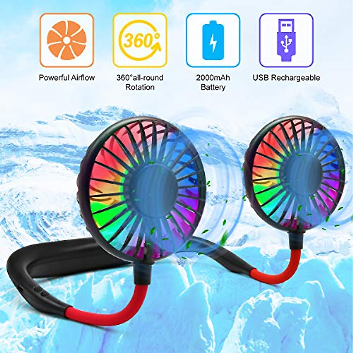Hand Free Fan, Portable Neck Fan, Personal Hands Free Fan Headphone Fan USB Rechargeable Battery USB Neck Fan Adjustable Strong Airflow Light for Outdoor, Sport, Home, Office, Travel (Black)