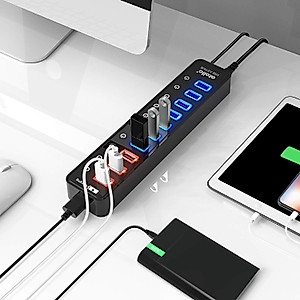 Powered USB 3.0 Hub, Atolla USB 3.0 Data Hub 11 Ports - 7 USB 3.0 Data Ports + 4 Smart Charging Port with Individual On/Off Switches and 12V/4A Power Adapter USB Hub 3.0 Splitter