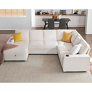 PaPaJet U Shaped Sofa, 7 Seater Sofa with USB Ports, Sectional Sofa Couch with Storage Chaise, Corduroy Beige