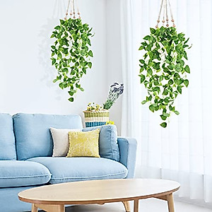 CEWOR Fake Hanging Plant with Pot, Artificial Hanging Plant Vine for Home Decor Indoor, Macrame Plant Hanger with Fake Vines Faux Hanging Planter Greenery for Bedroom Bathroom Kitchen Office Decor