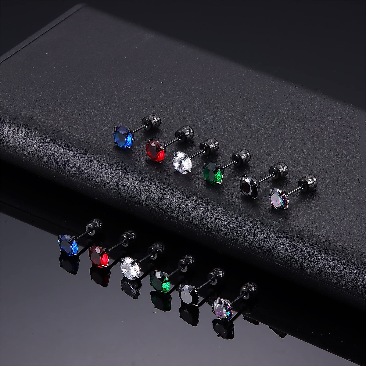 FIBO STEEL 6 Pairs Titanium Screw Back Earrings for Men Women Surgical Stainless Steel Stud Earrings Hypoallergenic Multicolor Double Side Earrings Piercing Sleeper Studs Jewelry 6mm Round CZ