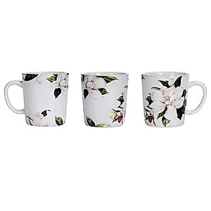 Bico Magnolia Floral Ceramic Mugs, Set of 4, for Coffee, Tea, Drinks, Microwave & Dishwasher Safe