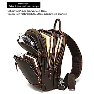 LANNSYNE Full Grain Leather Sling Bag For Men Crossbody Chest Daypack fits 12.9" iPad