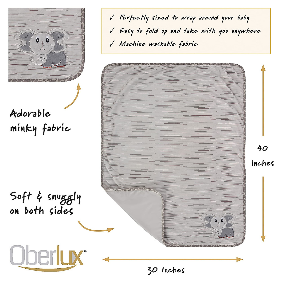 Super Soft Minky Baby Blanket - Embroidered Elephant Design, Jungle Safari Theme, 30x40 Inches, Gender-Neutral Baby Blanket for Boys & Girls.