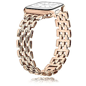 YouthRun Metal Watch Band Compatible with Apple Watch 38mm 40mm 41mm 42mm 44mm 45mm 49mm, Dressy Strap with V-Shape Debossed Design for Women Men, Pretty Shiny Look (Rose Gold)