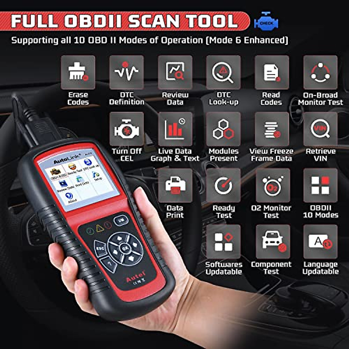 Autel AutoLink AL519 OBD2 Scanner Enhanced Mode 6 Car Diagnostic Tool Check Engine Code Reader CAN Scan Tool, Advanced Ver. of AL319