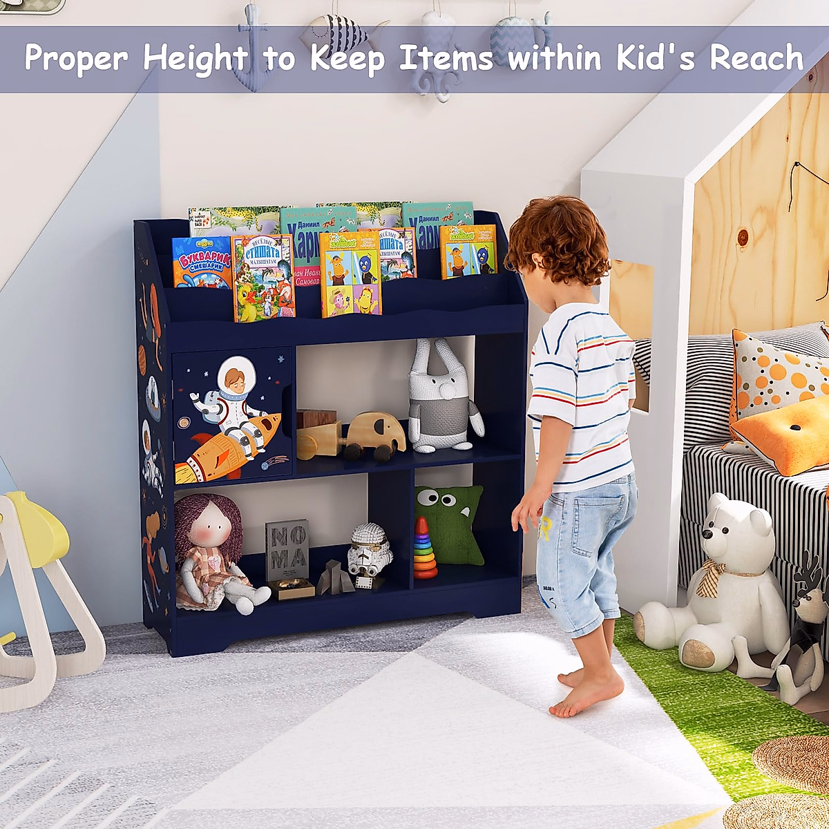 Costzon Kids Bookshelf and Toy Storage Organizer, Multifunctional Children’s Bookcase with 3 Tier Montessori Shelf, Toddler Book and Toy Storage Cabinet for Playroom, Bedroom, Nusery (Blue Space)