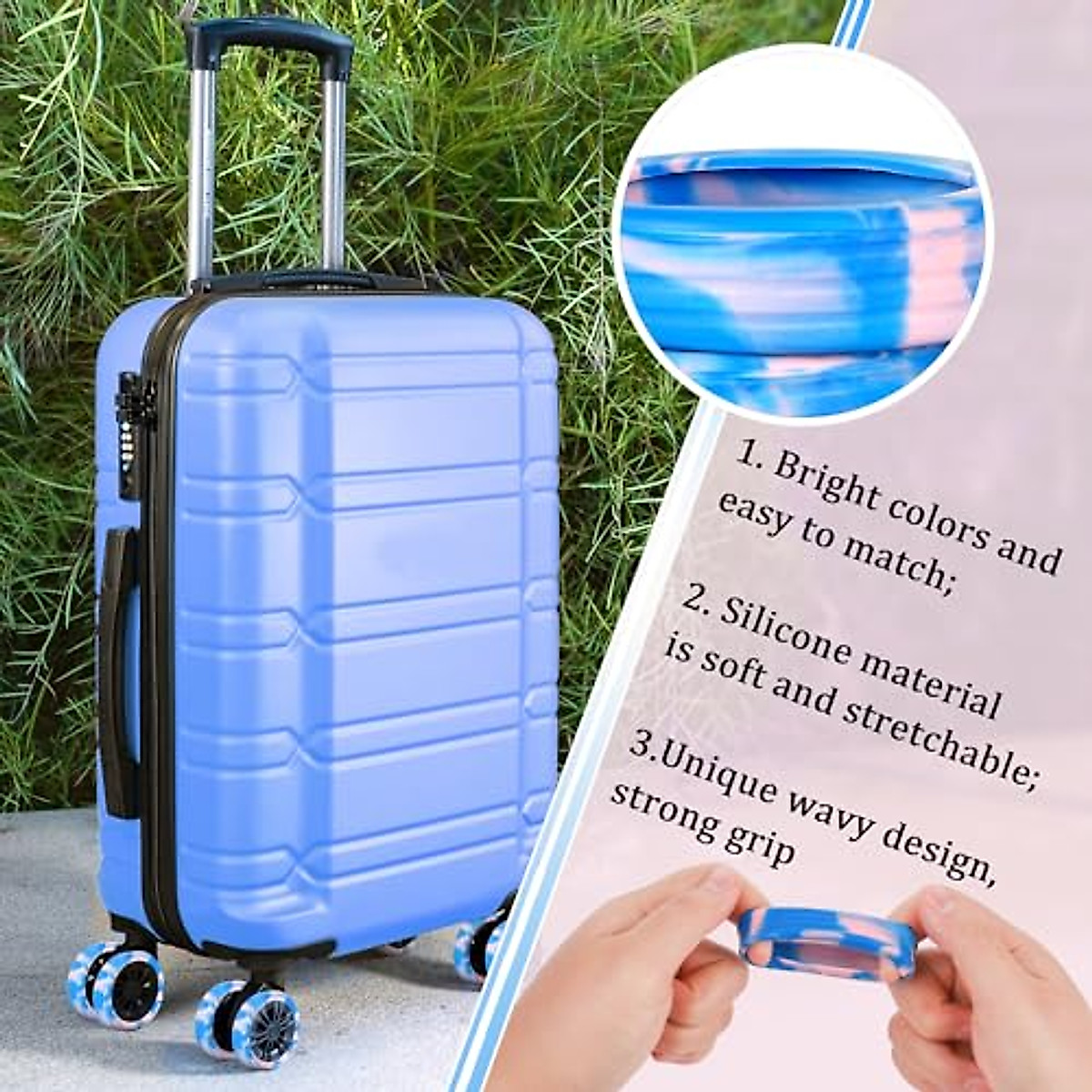 lasuroa 8pcs Luggage Wheel Covers, Portable Silicone Luggage Wheel Protector Covers Noise-Proof Luggage Spinner Wheel Covers for Most 8 Caster Luggage, Blue + Pink