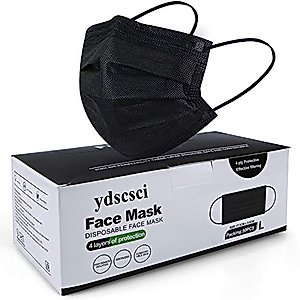 ydscsci Face Mask, Disposable 4 Ply Face Masks Protective Breathable Facial Mask for Adult Men Women Indoor Outdoor Daily Use 50 Pcs Black