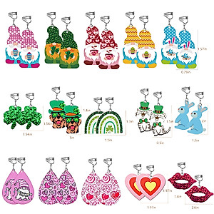 15 Pairs Valentines Day Earrings for Women St.Patrick Day Earrings Easter Clip-On Earring Set with Gnome Heart Clover Green Hat Egg Bunny Faux Leather Dangle Earrings Set for Teen Girls Jewelry