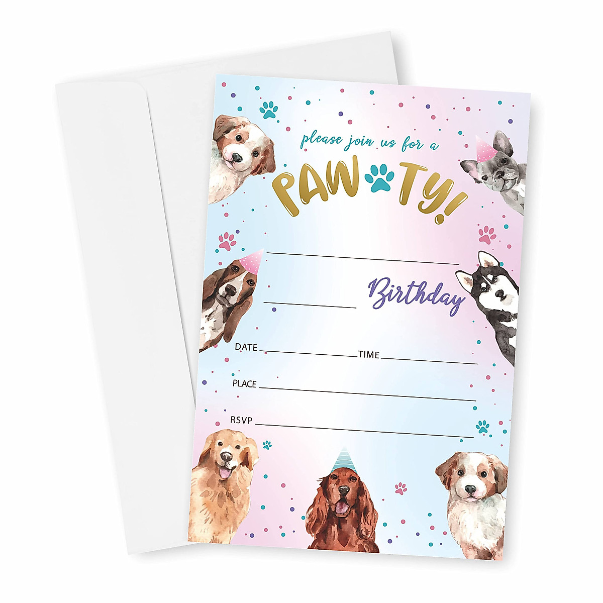 DYIRBIIY Puppy Birthday Invitations, 20 Fill-in Invites Cards with Matching Envelopes, Multicolor, Unisex-Adults