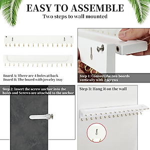 YYILIS Necklace Holder, Upgraded Extra Large Wall Necklace Organizer with 30 Hooks Wall Mounted Necklace Hanger with Jewelry Tray/Cosmetics Shelf Rustic Pine Wood Holder (White)