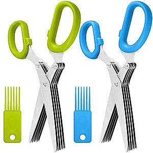 2 Packs Stainless Steel Herb Scissors, SourceTon Multi-purpose Kitchen Shear with 5 Blades and Cleaning Brush, Ergonomic Design Heavy Duty Durable Culinary Cutter with Sharp Blade