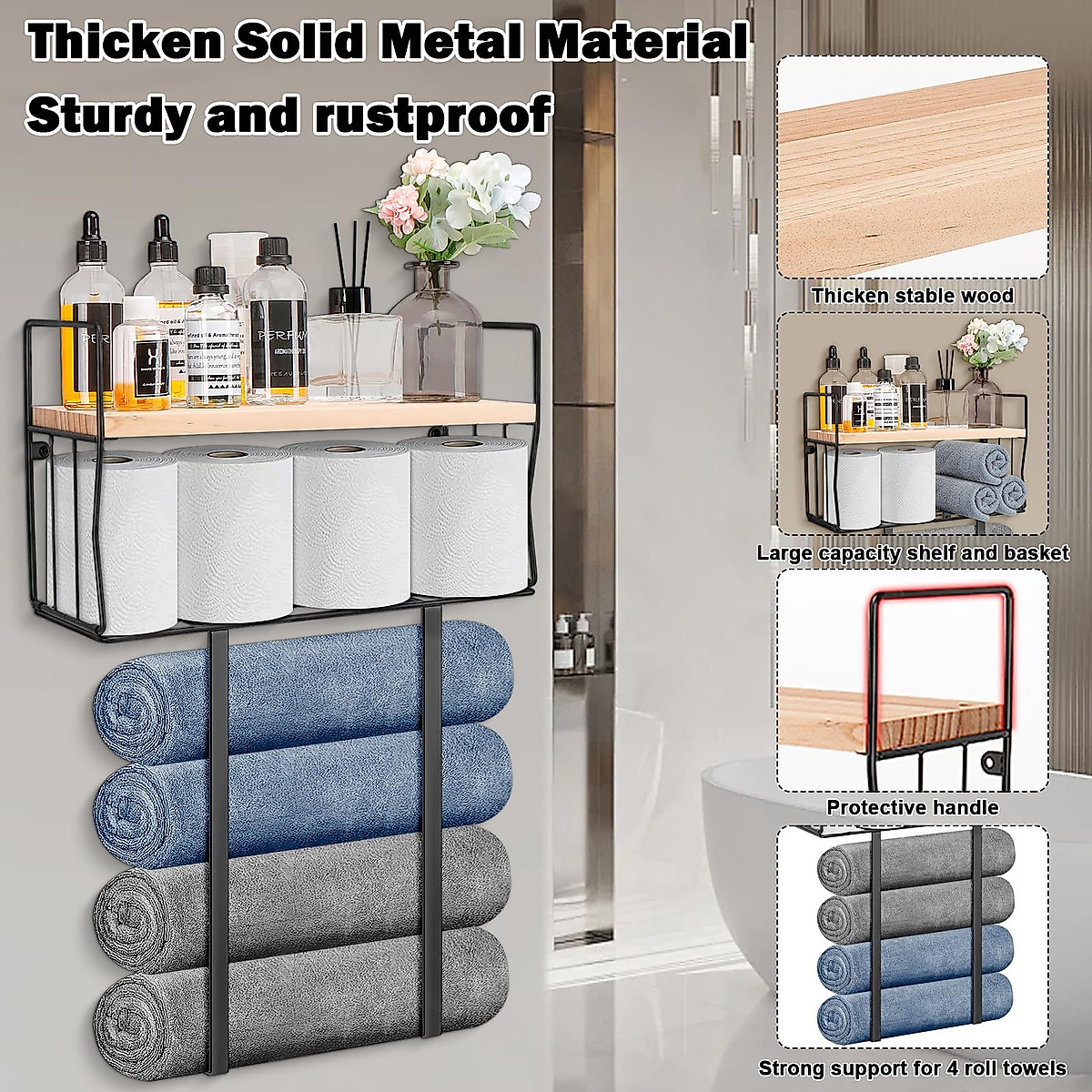 Livabber Towel Racks for Bathroom, Metal Towel Storage Holder for Roll Towels, Wall Mounted Towel Organizer with Storage Basket and Wooden Shelf for Small Bathroom (Black)