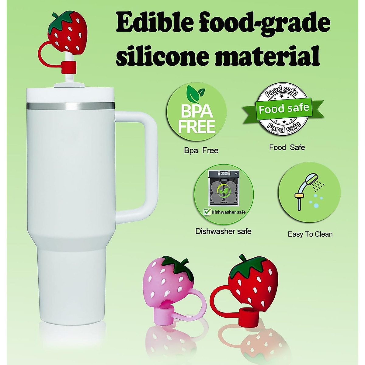 WELTAZ 2 Pack Strawberries Straw Covers Cap Compatible with Stanley 14oz&20oz&30oz&40oz Tumbler,Food Grade Silicone Cute Straw Topper, Straw Protectors For 10mm Straw