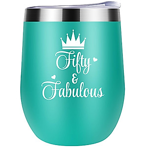 50th Birthday Gifts For Women - 1973 50th Birthday Decorations For Women - Birthday Gifts For 50 Year Old Woman - Green 60 & Fabulous 12 oz Wine Tumbler Gift for Her, Wife, Mom, Sister, Friend