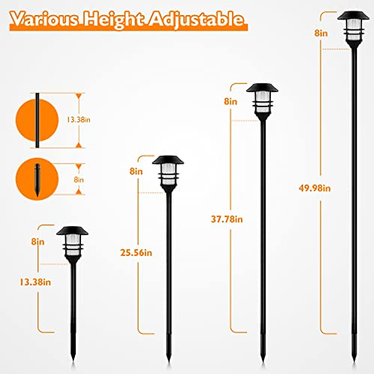 ZOOHAR Stainless Steel Light Poles Solar Lights Poles with Spikes Replacement ABS Lights Stakes for Christmas Garden Lights (8 Pieces)-8 Light Poles + 2 Lights Stake