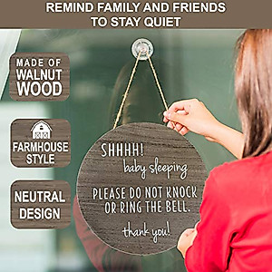 KIND FATE Baby Sleeping Sign for Front Door Do Not Knock or Ring Doorbell Sign | New Mom Gifts Do Not Disturb Door Hanger Sign | No Soliciting Sign Sleeping Baby Sign 10" Round
