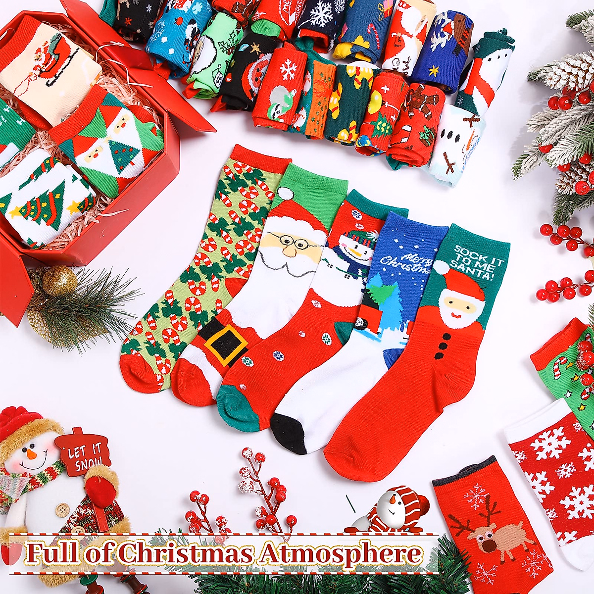 Handepo 24 Pcs Christmas Crew Socks Women Novelty Casual Dress Socks Animal Food Christmas Theme Patterned Funny Colorful Women's Xmas Gifts for Girls Teens