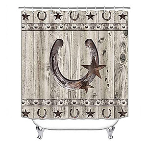 Camille&Andrew 4PCS Western Shower Curtain Set, Horseshoe Texas Star Barn Star Wooden Barn Door Country Rustic Farmhouse Bathroom Decor, Waterproof Fabric Shower Curtain, Non-Slip Bath Mat Toilet Rug
