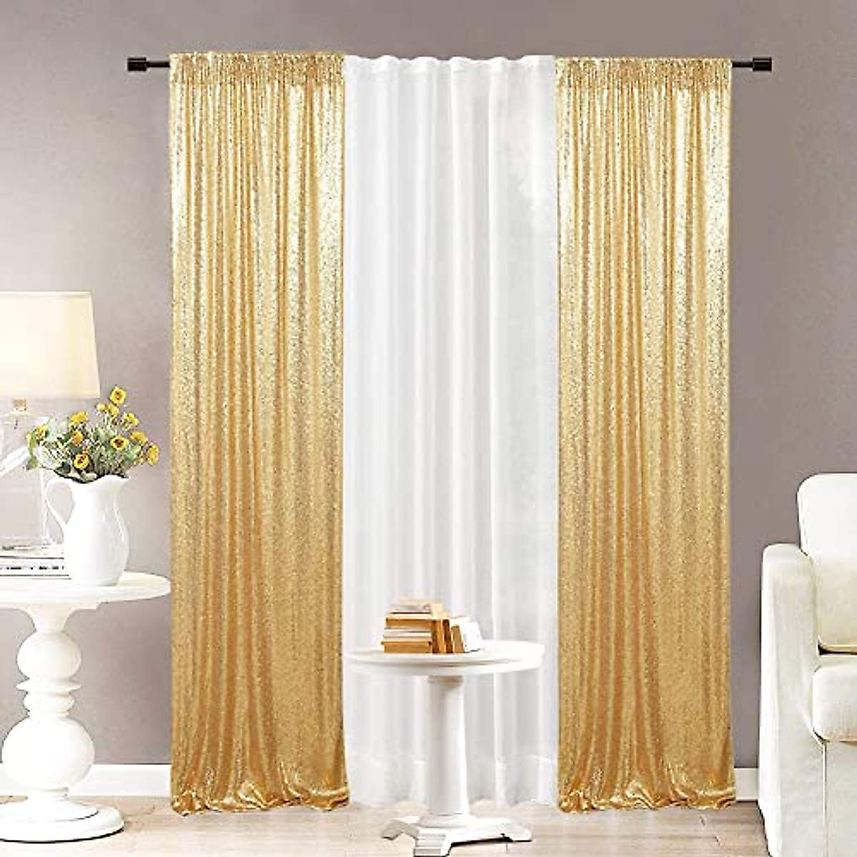 Eternal Beauty Gold Sequin Backdrop Curtain 2 Panels, Gold Curtain Backdrop for Party Decoration (W2 x H8FT-2PCS)