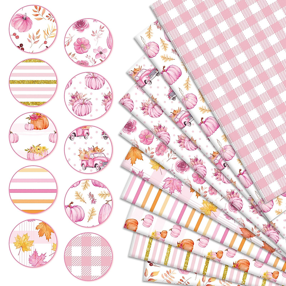 JarThenaAMCS 10Pcs Fall Cotton Fabric Bundles Pink Pumpkin Maple Leaf Truck Fat Quarters Autumn Thanksgiving Quilting Patchwork for DIY Craft Home Party Decor, 18 x 22 Inch