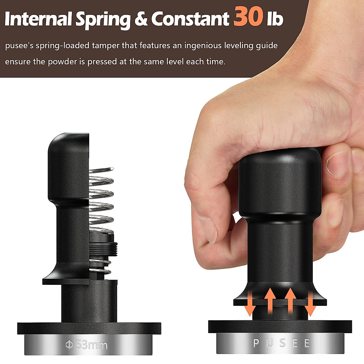 PUSEE 53mm Espresso Coffee Tamper,Premium Calibrated Espresso Tamper 30lb Coffee Tamper with Spring Loaded,100% Stainless Steel Ground Tamper for Barista Home Coffee Espresso Accessories Upgrade3.0