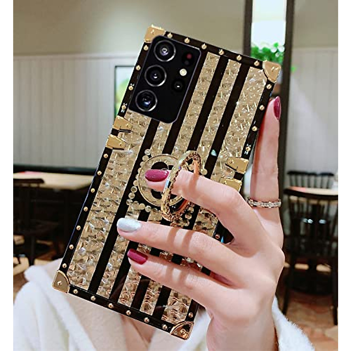 XiaYong for Samsung Galaxy A14 5G Case Fashion Square Box Women Design Gold Bling Glitter Rose Flower Soft Trunk Cover with Ring Kickstand Phone Skin,Gold