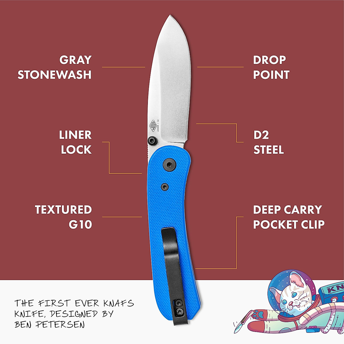 Knafs - Lander 1 Folding Pocket Knife with Clip - EDC for Men, Women, Everyone - Gray Stonewash Blade - Blue G10 Handle