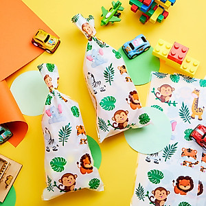 100 Pcs Jungle Animal Party Favors Bags Safari Animal Plastic Goody Treat Bags Safari Jungle Cellophane Gift Bags with Ribbons for Baby Shower Favors Jungle Theme Party Supplies for Birthday Party