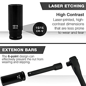 EACELIY 29pcs 1/2" Socket Set, Drive Deep Impact Socket Set, Including 3 ", 5", 10" Impact Extension Bar, Standard SAE (3/8 "- 1") and Metric (10mm-24mm), Cr-V Steel