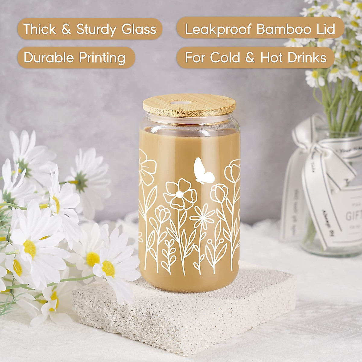 GSPY Floral with Butterfly Iced Coffee Cup, 16oz Iced Coffee Glasses with Lids and Straws - Cute Glass Cups, Aesthetic Cup, Glass Tumbler - Birthday, Mothers Day Gifts for Women, Coffee Lovers