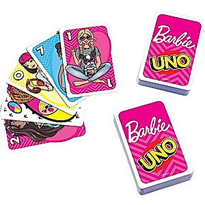 Barbie UNO Card Game for Family Night, Travel Game Featuring Barbie Graphics & Special Rule for 2-10 Players