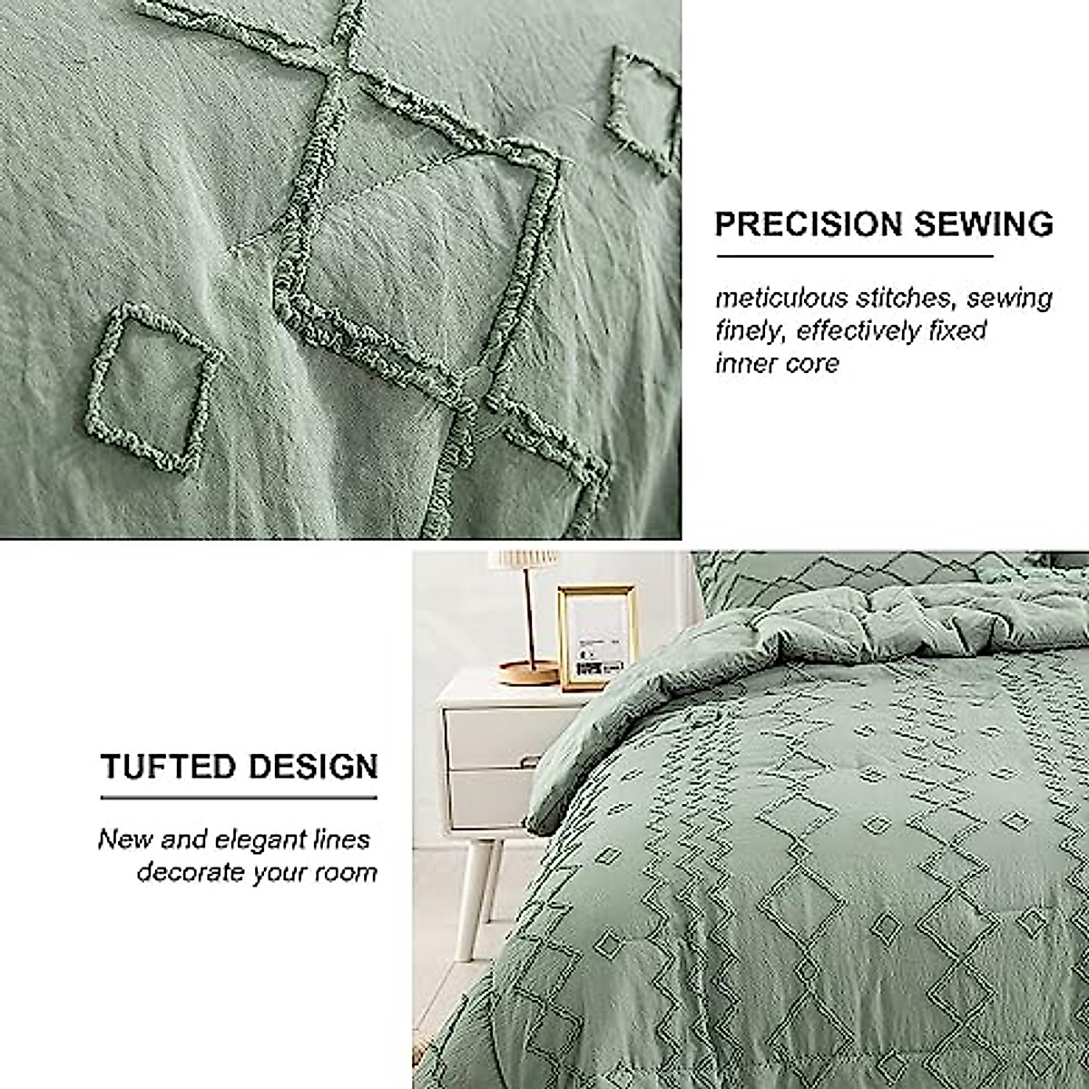 Green Tufted Comforter Set Cal King Size (102×96 inches), Boho Shabby Chic Comforter Geometry Embroidery Bedding Set 3 Pieces (1 Comforter + 2 Pillowcases), Soft Microfiber Comforter for All Seasons