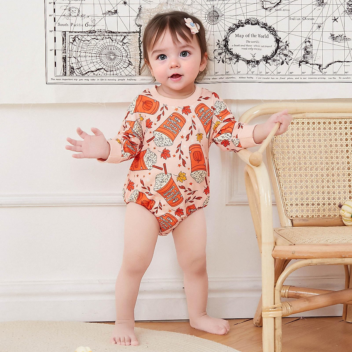 Halloween Newborn Baby Girl Outfit Pumpkin Sweatshirt Romper Long Sleeve Onesie Jumpsuit Infant Fall Winter Clothes (Milk Tea, 0-3 Months)