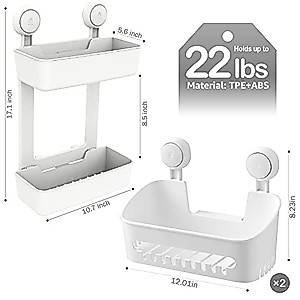 LEVERLOC Shower Caddy Suction Cup Double Layer Shower Shelf One Second Installation Removable Powerful Suction Cup Bathroom Organizer Max Hold 22lbs Waterproof Shower Storage Plastic- White