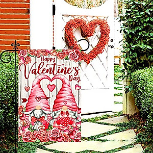 Valentines Day Garden Flag, Valentine Garden Flag 12x18 Double Sided, Happy Valentine's Day Gnomes with Love Heart Roses Burlap Vertical Yard Flag for Home Lawn Outdoor Decorations