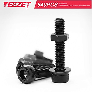 YEEZET M2 M3 M4 M5 12.9 Grade Alloy Steel Hex Socket Head Cap Screws Bolts Nuts Flat Washers Set Assortment Kit with Storage Box, Allen Socket Drive (940 PCS)