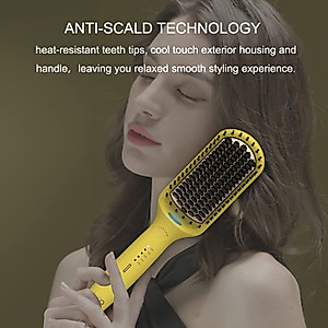 LENA Ionic Straightening Brush - Pro Flat Iron Straightener Comb and Heated Paddle Brush Styler with Extra Ion Care for Ultra Smooth Hair, Anti-Scald，Auto Off, Max 450°F (Yellow)