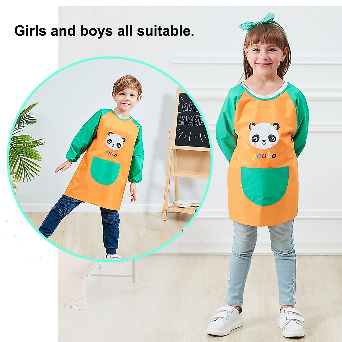 Kids Art Smocks,Long Sleeve Children Smock,Waterproof Anti-oil Kids Apron,With Pockets Art Smock and Apron for Kids.for Age 5-12 Years. Green