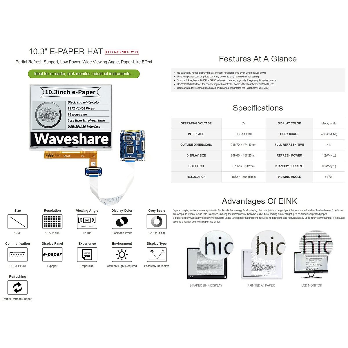 waveshare 10.3inch E-Paper E-Ink Display HAT Compatible with Raspberry Pi4B/3B+/3B/2B/B+/A+/Zero/Zero W/WH/Zero 2W 1872×1404 Pixels Black/White 2-16 Grey Scales USB/SPI/I80 Supports Partial Refresh