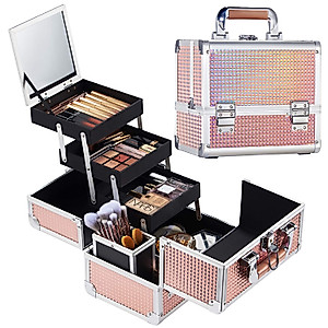 Joligrace Makeup Box 11.6-Inch Cosmetic Train Case for Women Travel Jewelry Organizer with Compartments & Mirror Portable Lockable Make-up Trunk Shiny Style