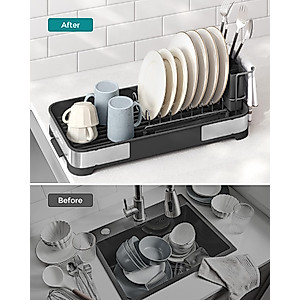 SONGMICS Small Dish Drying Rack, Dish Dryer for Kitchen Counter, Stainless Steel Dish Rack with Drain, Utensil Holder, Rustproof, for Dishes, Knives, Spoons, Forks, Silver and Black UKCS034B01