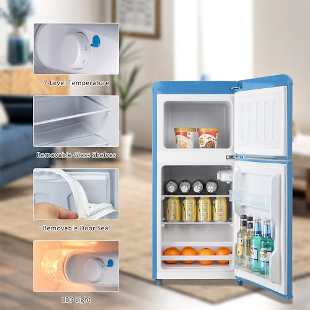 AXUTL Retro Mini Fridge Refrigerator with Freezer Bedroom Dorm Blue 3.5 Cu.ft Compact Small for RV Apartment 2-Door Design