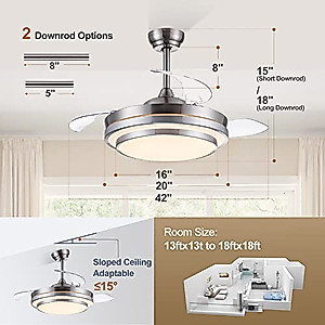 POCHFAN Retractable Ceiling Fan with Lights Remote Control, 42 Inch Modern Ceiling Fan for Bedroom Living Room in 3 Color Changeable,Timer, Noiseless DC Motor, 6 Speed, Brush Nickel, LED Ceiling Fans