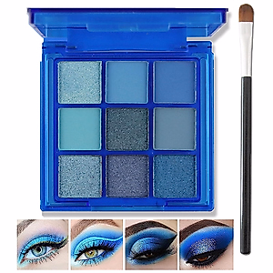 9 Colors Blue Eyeshadow Palette, Eyeshadow Palette For Blue Eyes, Blue Glitter Eye Shadow, Shiny Sparkle Shimmer Glitter Blue Eye Shadow Makeup, Navy Blue Eyeshadow Set for Women, Small Eye Makeup, Eyeshadow Brush Included